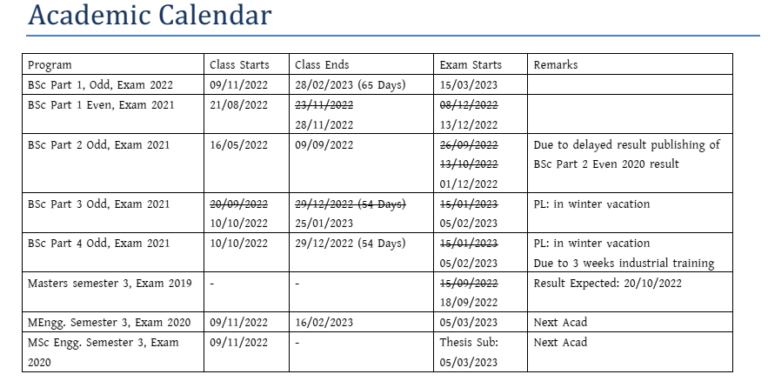 Academic Calendar – Department of Electrical & Electronic Engineering