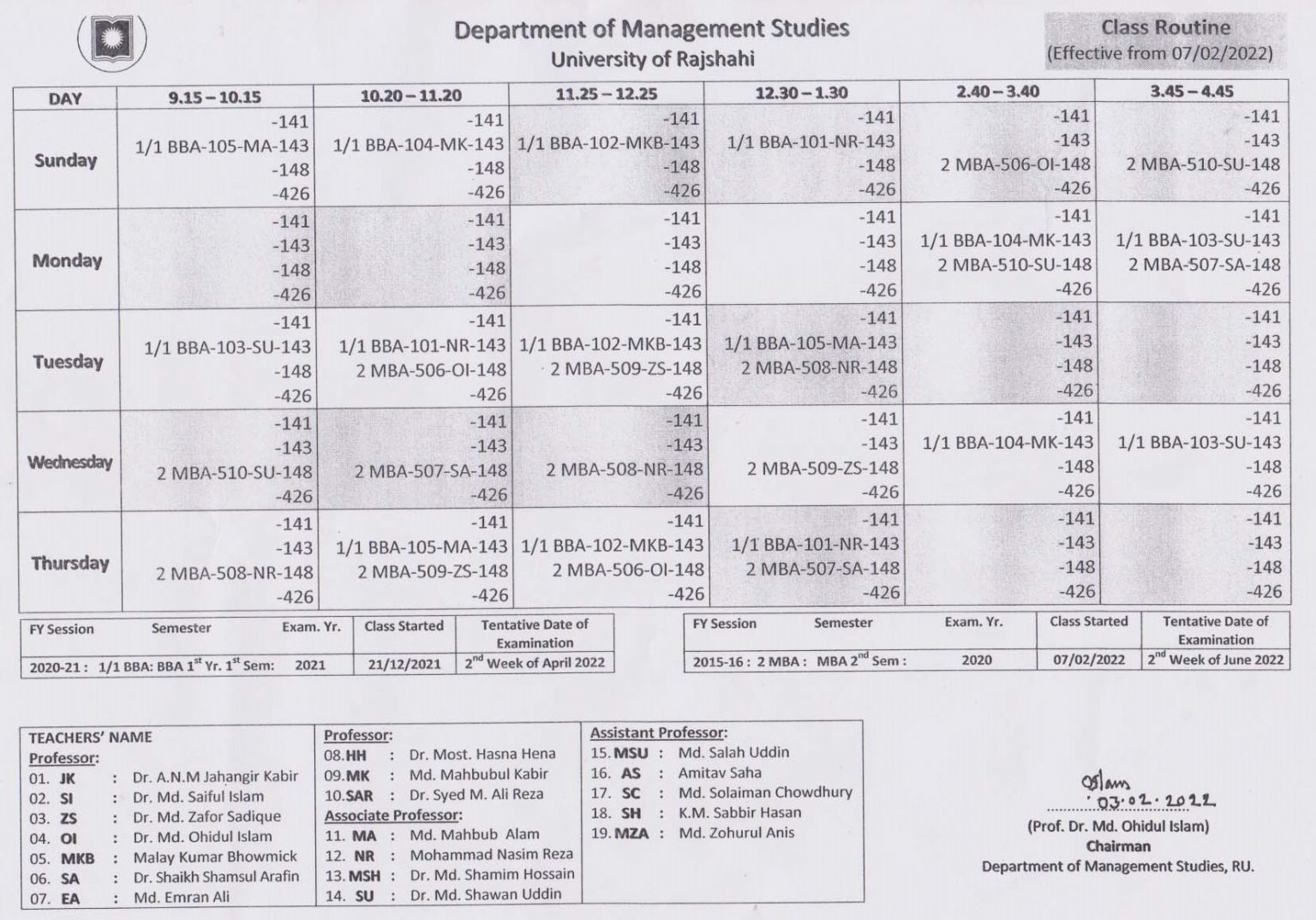 Class-Routine – Department of Management studies