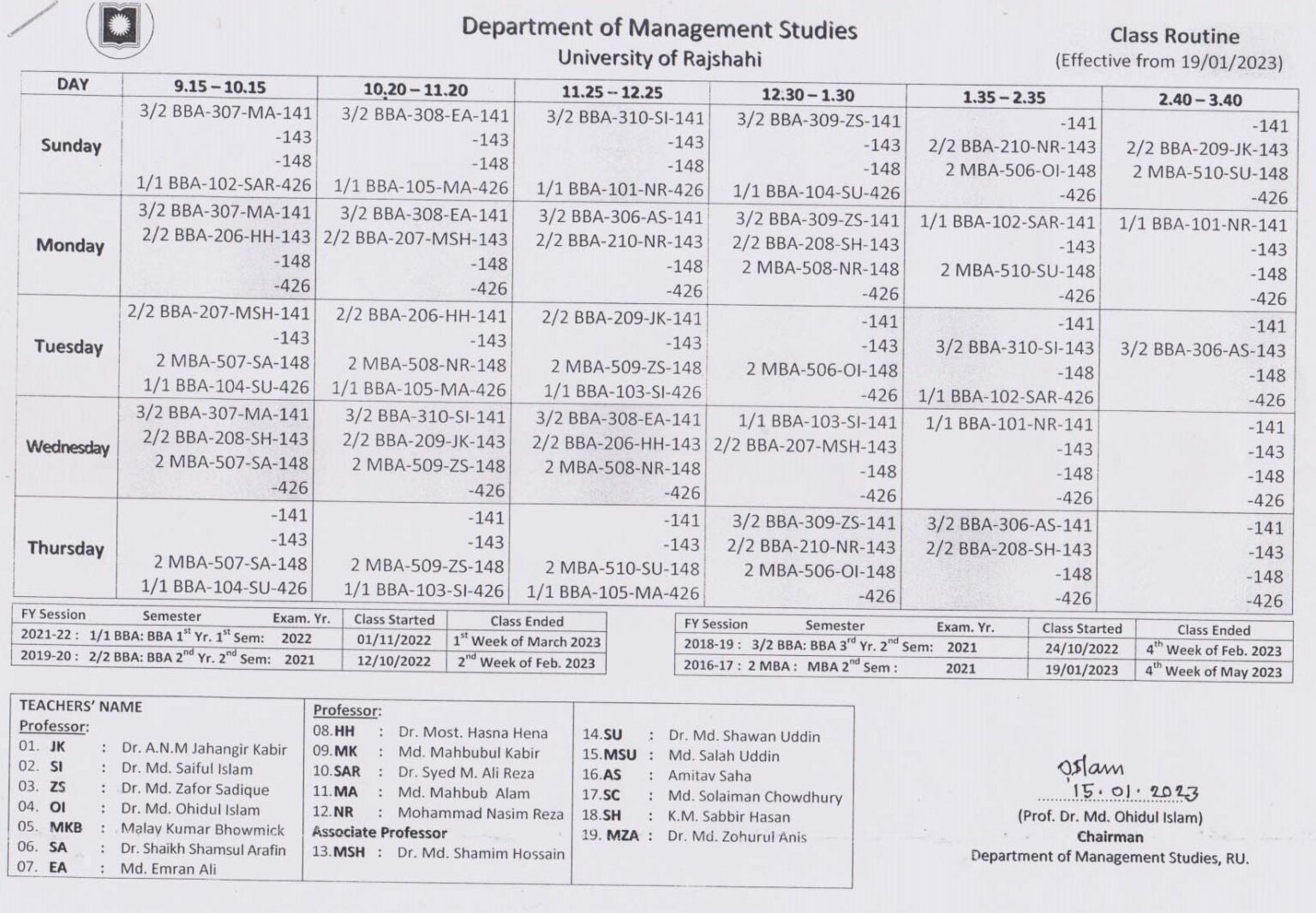 Class Routine – Department of Management studies