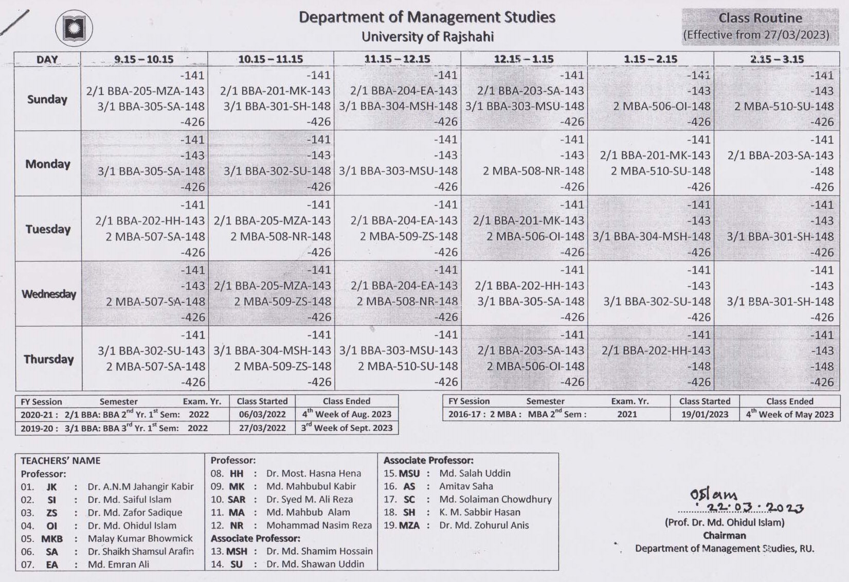 Class Routine – Department of Management studies
