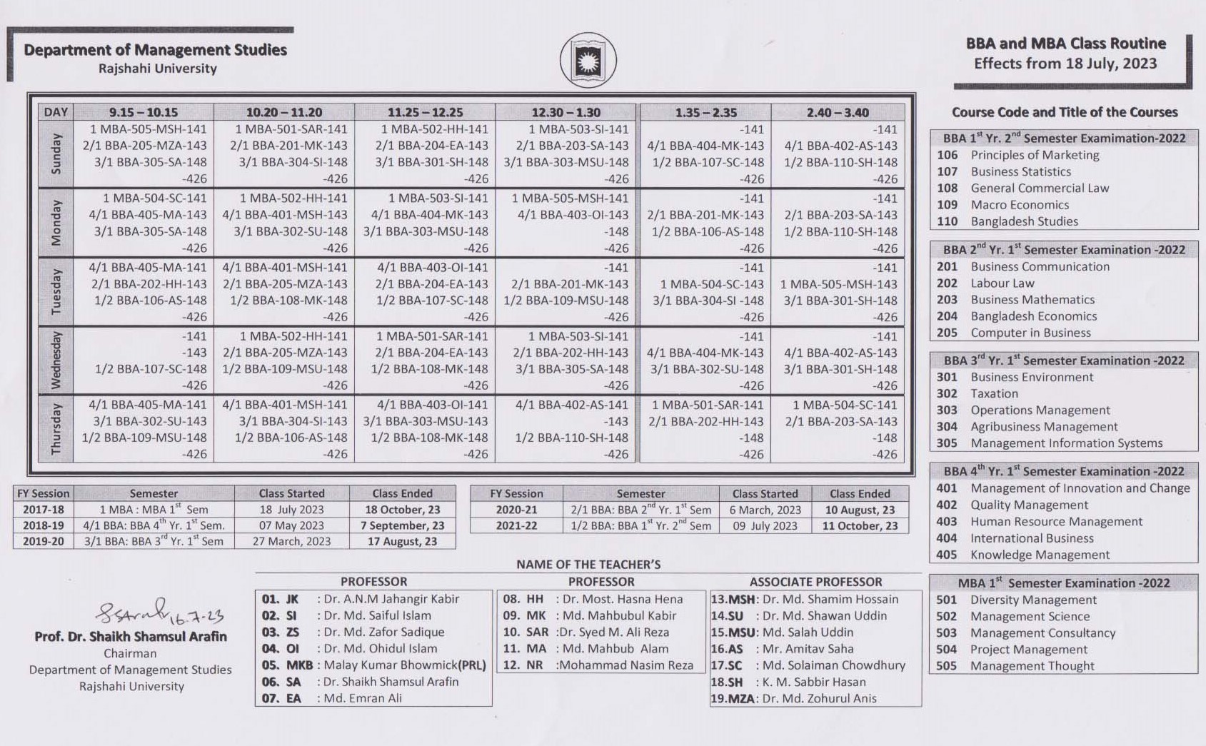 Class Routine – Department of Management studies